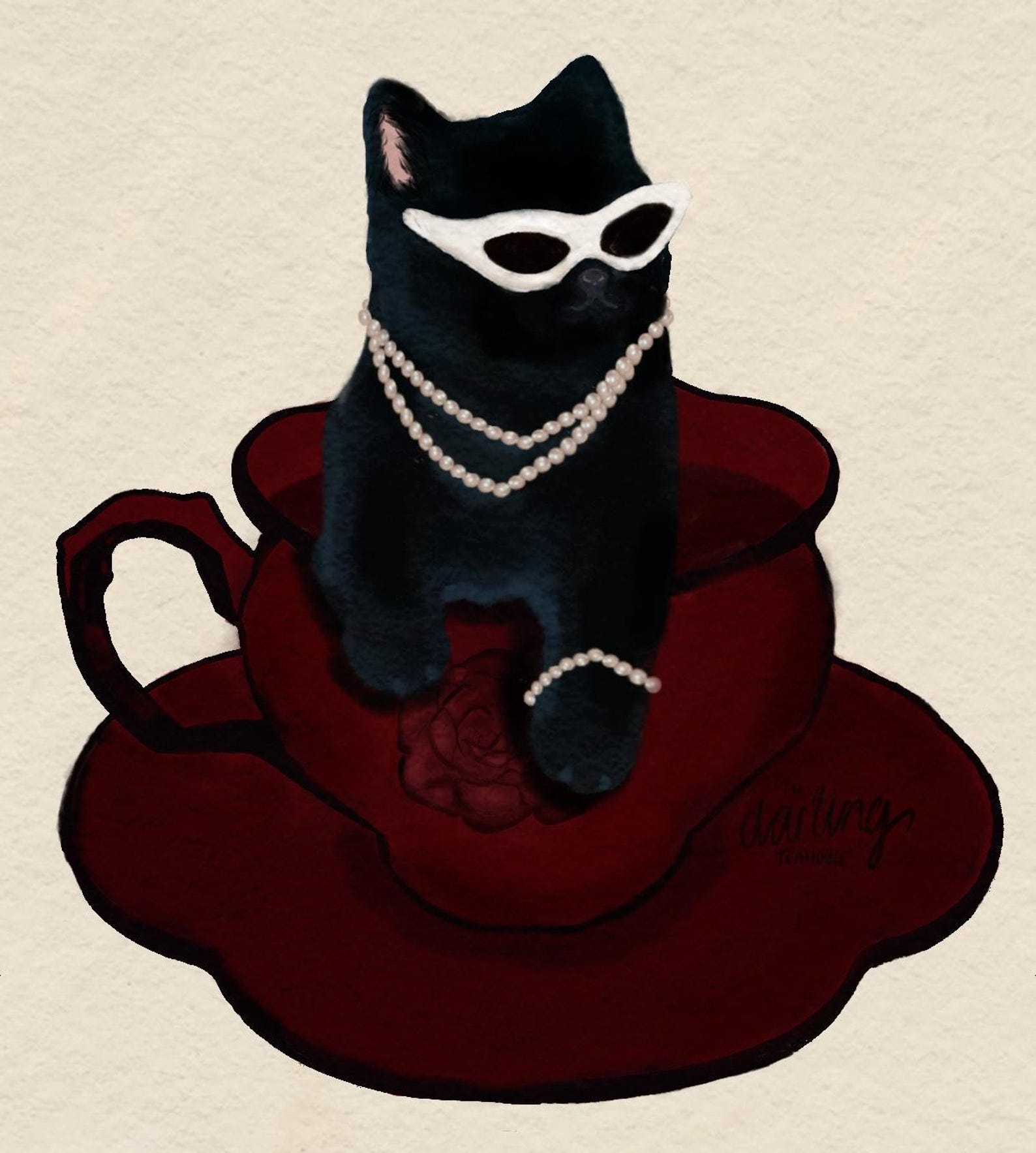 Black Cat Rose Tea Print - Digital Art Print - Instant Download ...