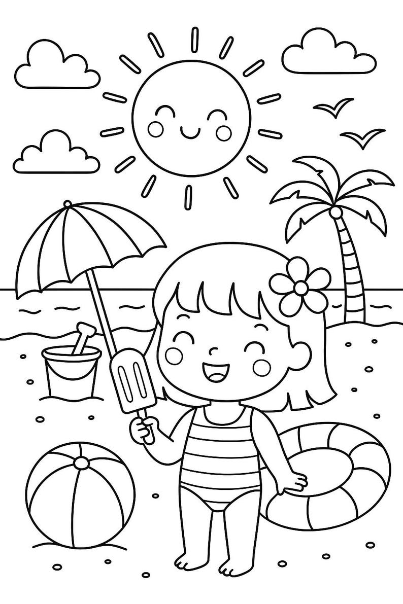 Beach Coloring Pages for Kids — Printable PDF (8.5x11, 4 Sheets, Ink ...