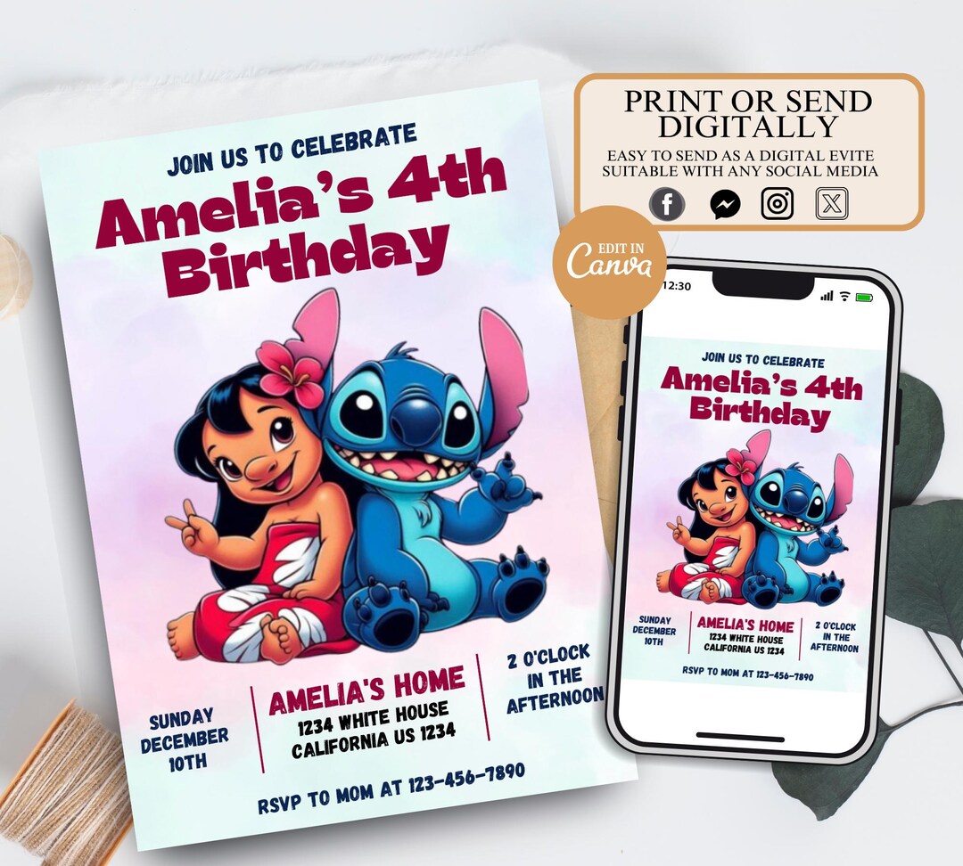 Stitch Editable Birthday Invitation Printable Kids Birthday Party ...