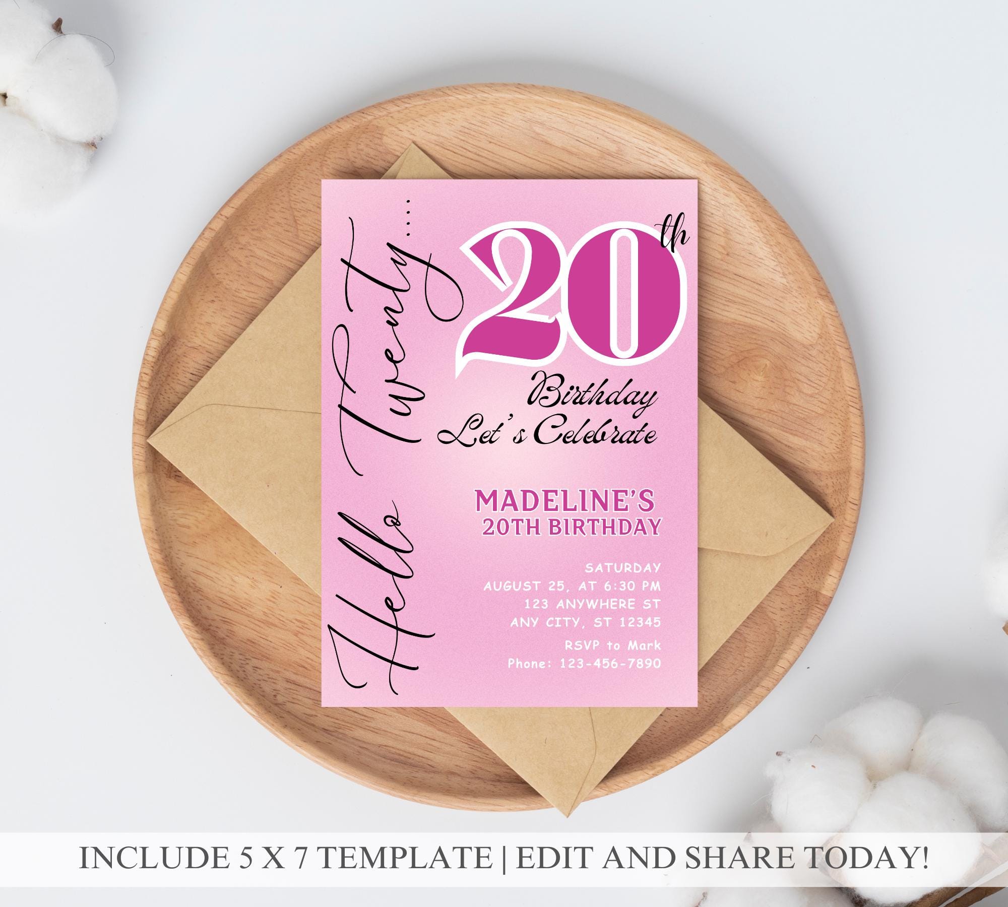 Editable 20th Birthday Invitation 21st Birthday Invite Template Twenty ...