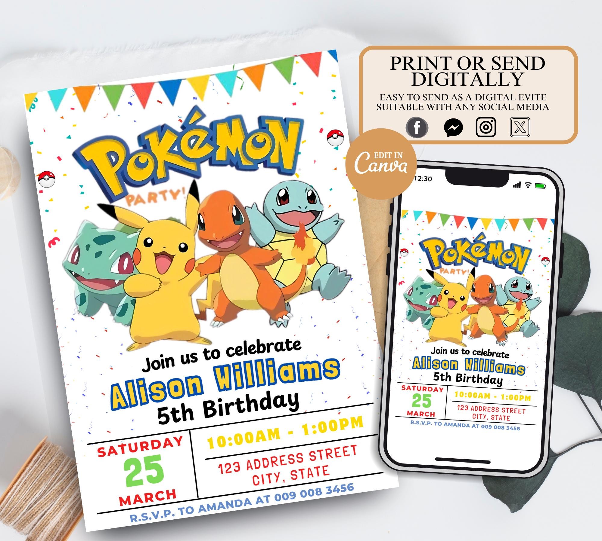 Editable Pokemon Invitation, Pokemon Birthday Invitation Pokemon ...