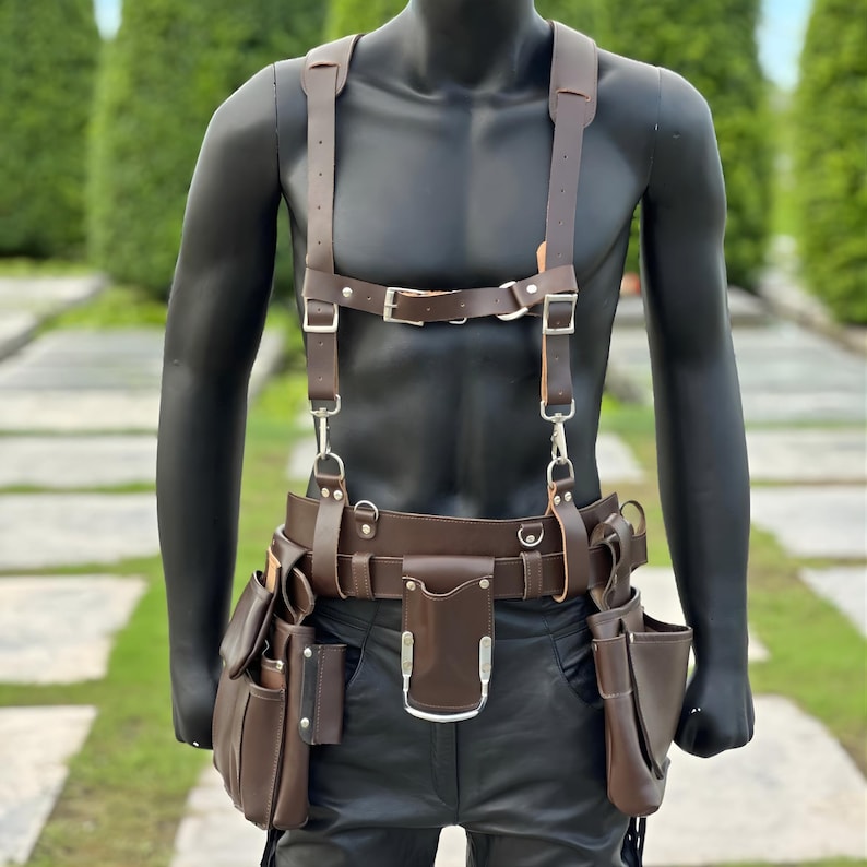 Premium Leather Tool Belt With Suspenders | Heavy Duty Carpenter Rig ...