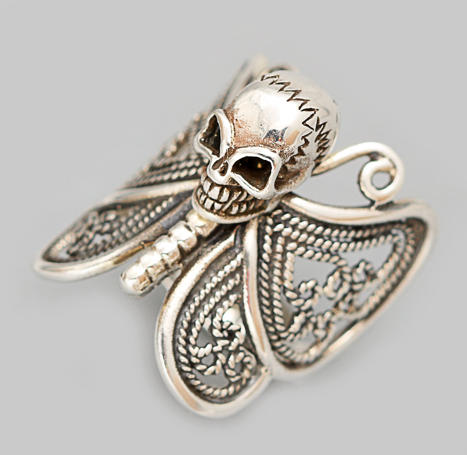 Butterfly Skull Ring Skull Butterfly Sterling Silver - Etsy