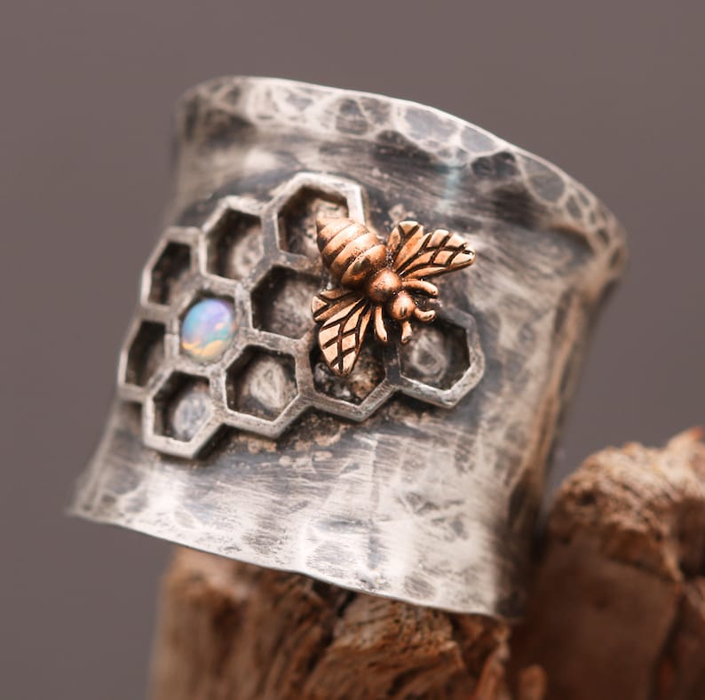 Bee Ring, Sterling Silver Opal Ring, October Birthstone, Save the Bees ...