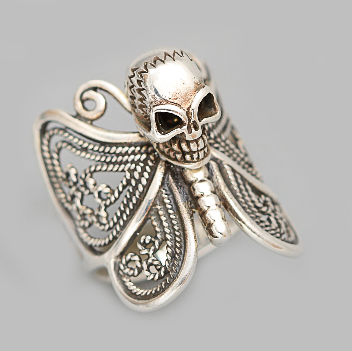 Butterfly Skull Ring Skull Butterfly Sterling Silver - Etsy