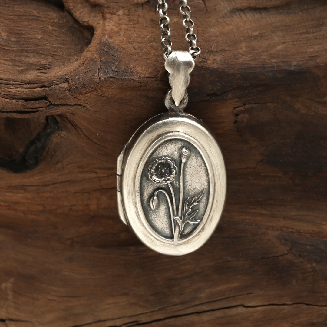 Silver Locket Necklace, Birth Flower Locket, August Birth Flower, Poppy ...