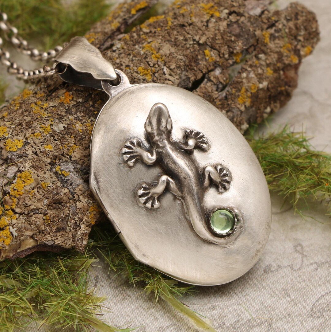 Lizard Necklace Sterling Silver, Locket Necklace for Photo, Salamander ...
