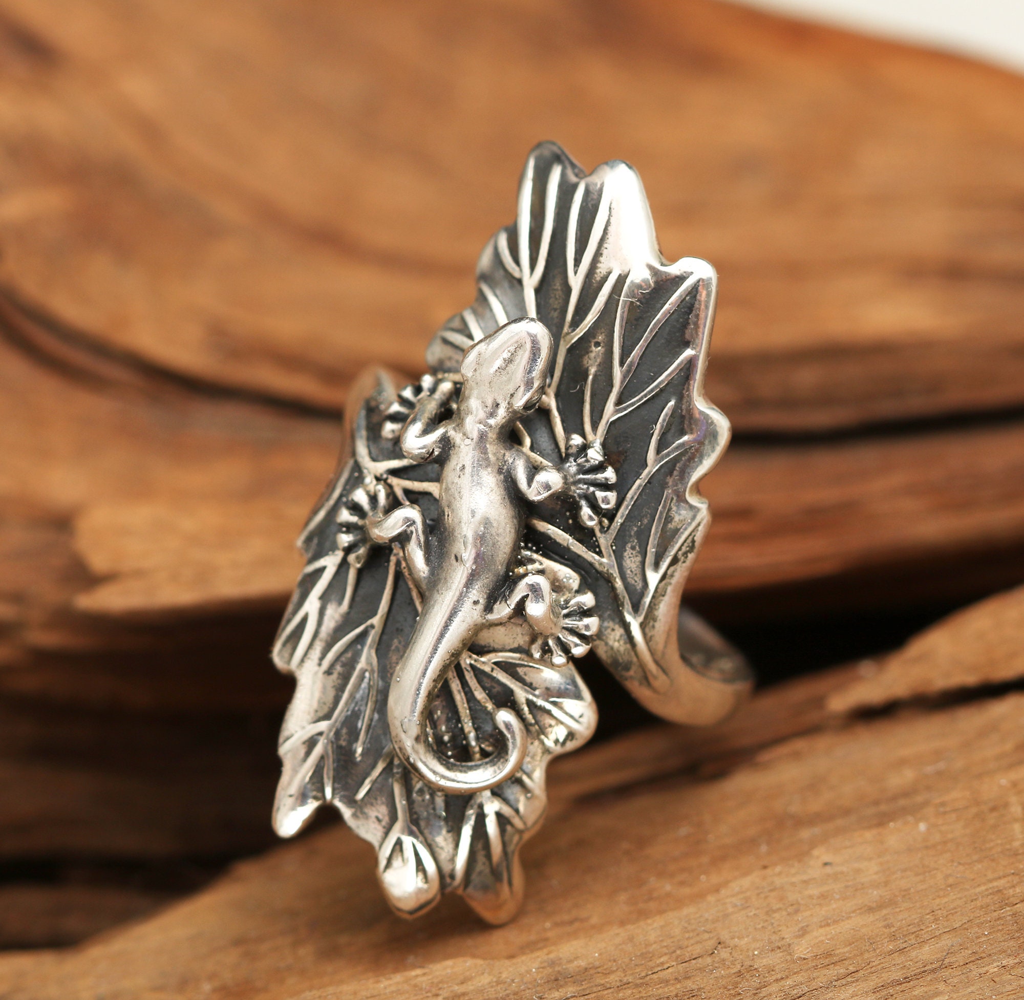 Sterling Silver Lizard Ring, Gecko Ring, Silver Leaf Ring, Woodland, Thumb Ring, Animal Jewelry ...