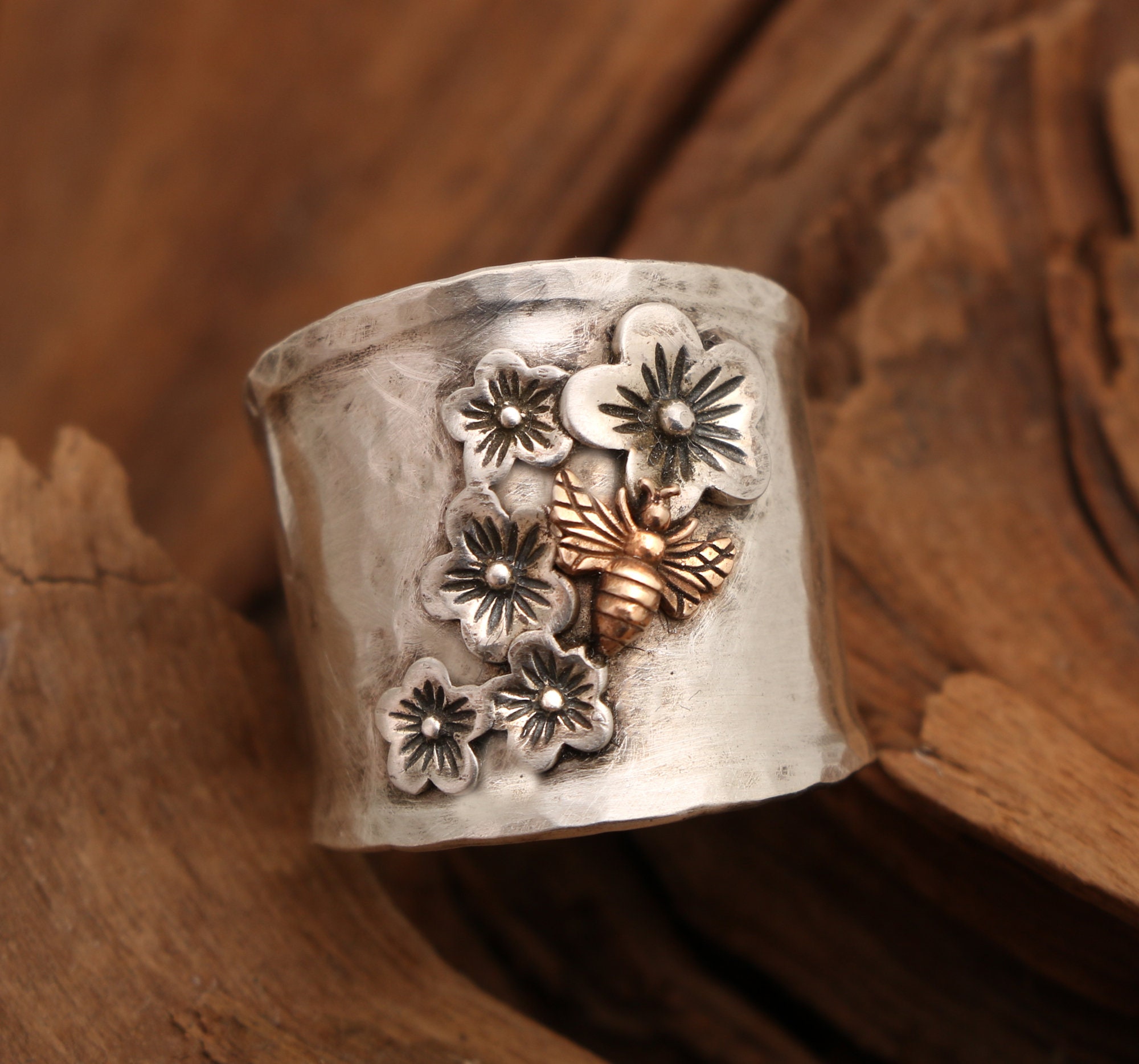 Sterling Silver Ring Honey Bee Ring Cherry Blossoms Wide | Etsy