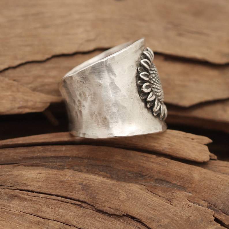 Sterling Silver Sunflower Ring Sunflower Wide Band Ring - Etsy
