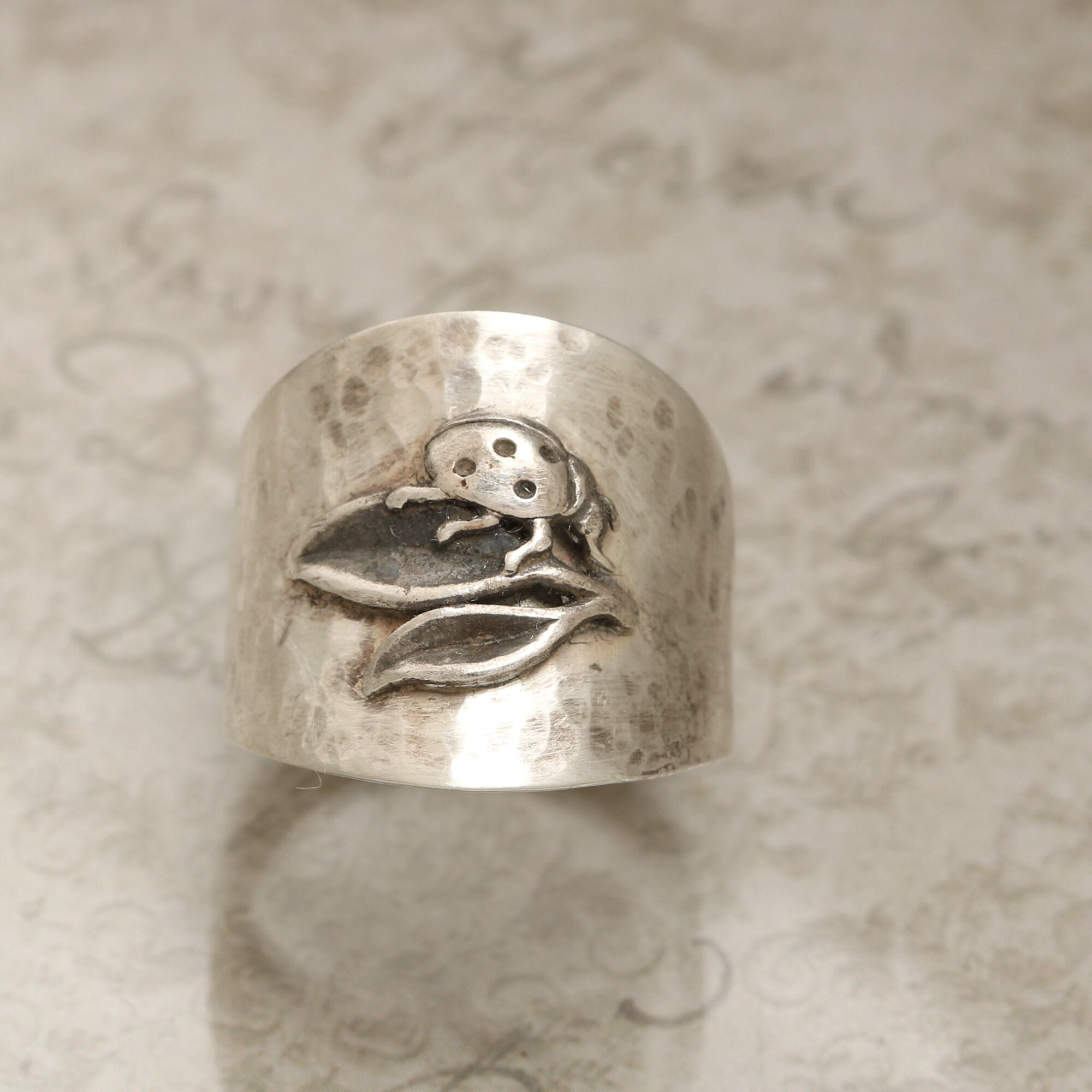 Ladybug Ring, Sterling Silver Ring, Wide Band, Hammered Ring, Thumb ...