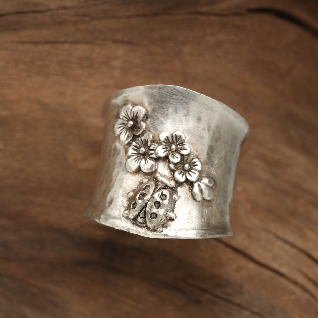 Sterling Silver Ladybug Ring, Cherry Blossom Ring, Wide Band, Thumb ...