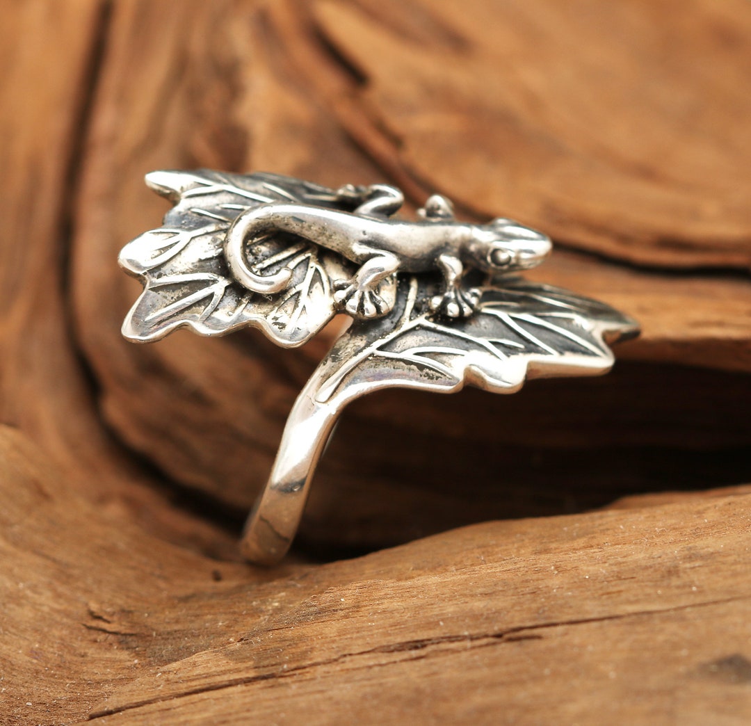 Sterling Silver Lizard Ring, Gecko Ring, Silver Leaf Ring, Woodland ...