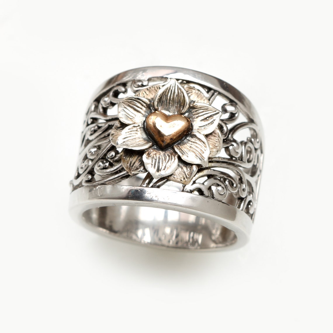 Wide Band Rings for Women, Flower Heart, Heart Flower Ring, Silver ...
