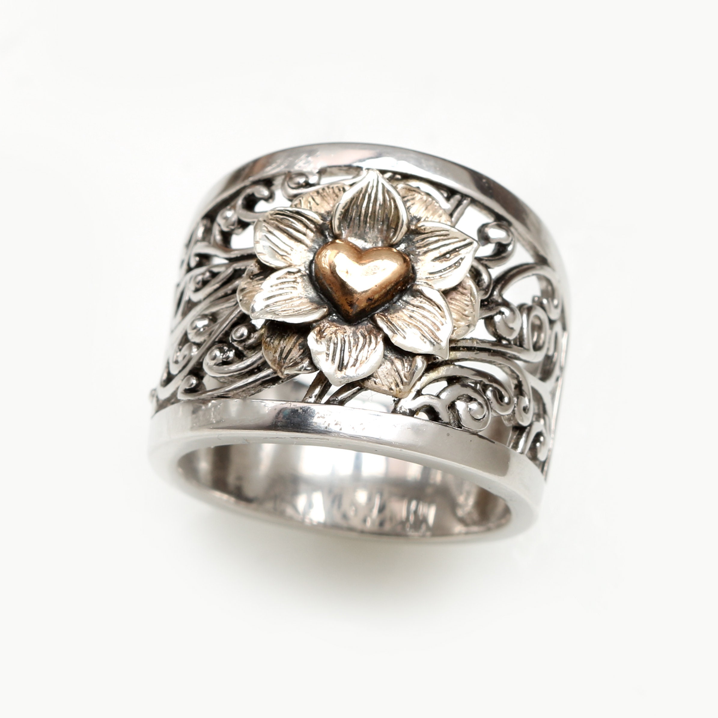 Wide Band Rings for Women, Flower Heart, Heart Flower Ring, Silver ...