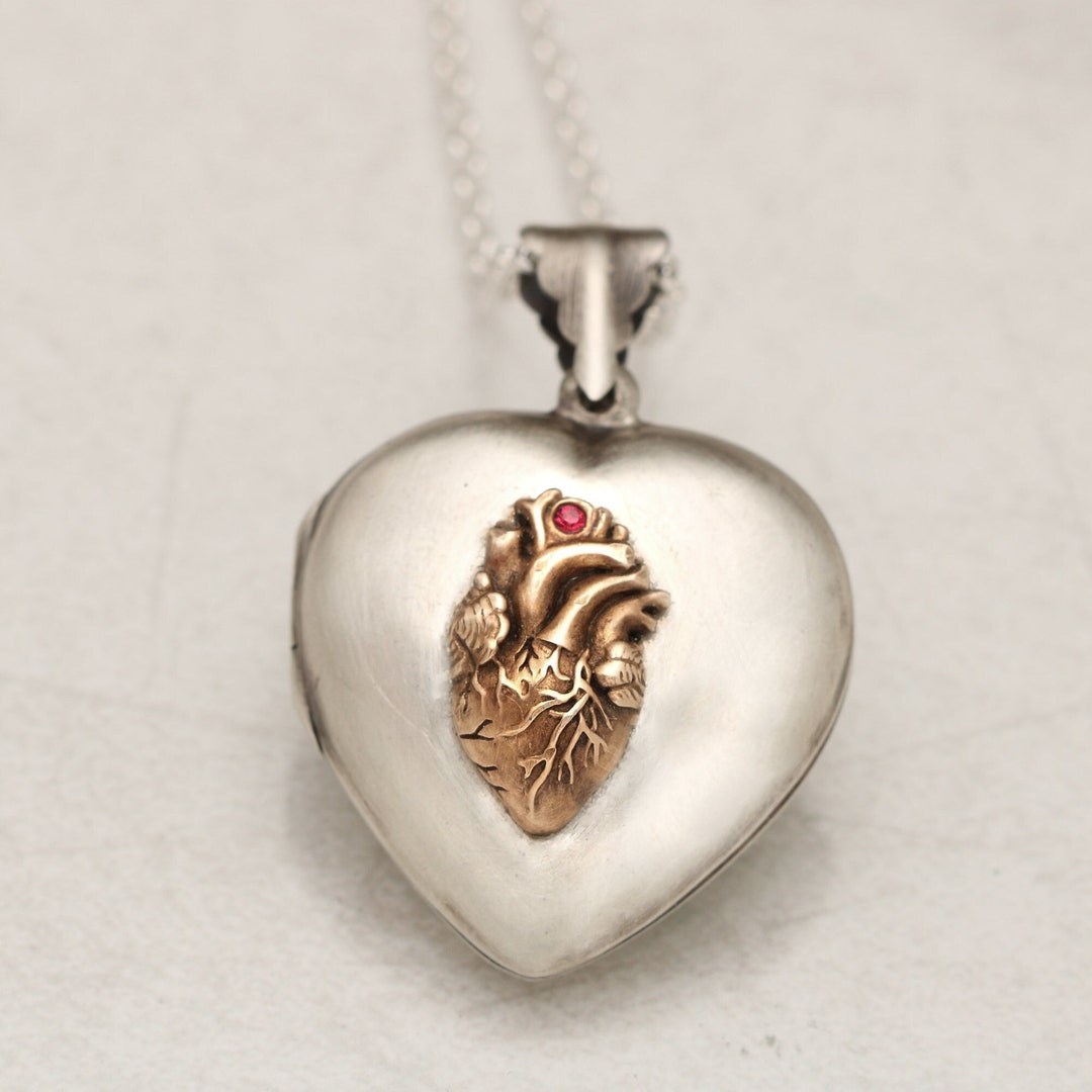 Anatomical Heart Locket, Sterling Silver Heart Necklace, Heart Shaped ...