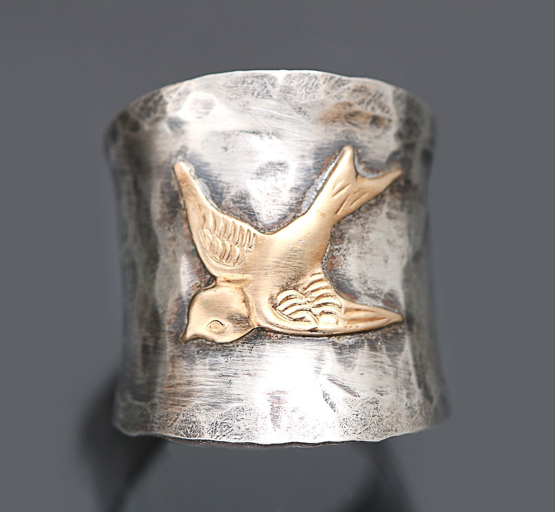 Sterling Silver Bird Ring, Gold Bird Ring, Wide Band, Hammered Silver ...