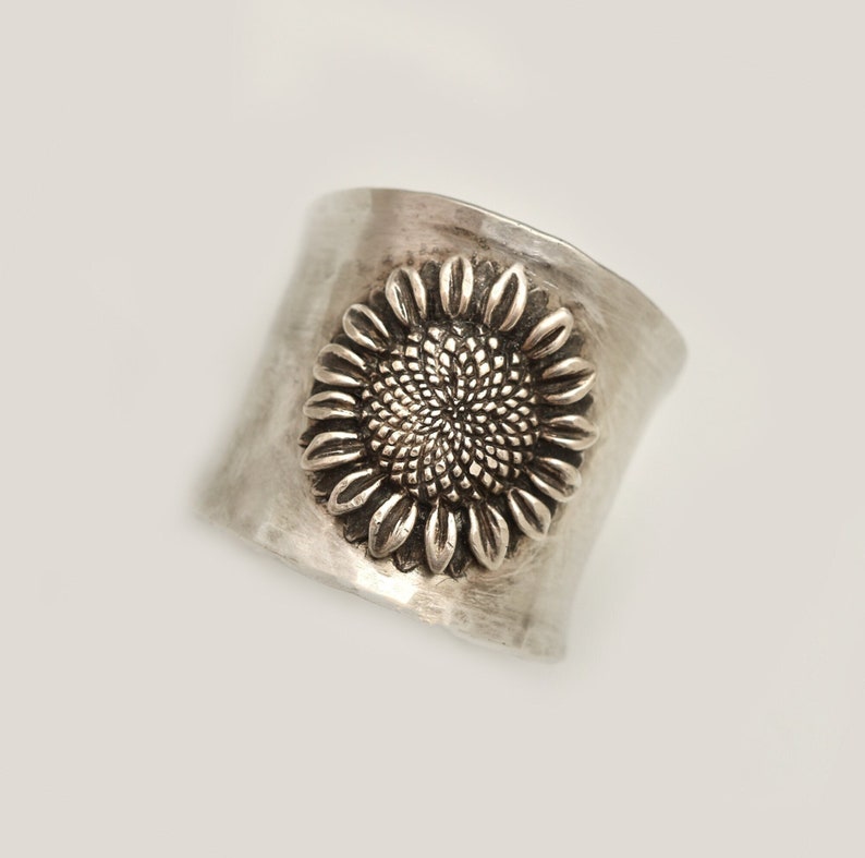 Sterling Silver Sunflower Ring Sunflower Wide Band Ring - Etsy