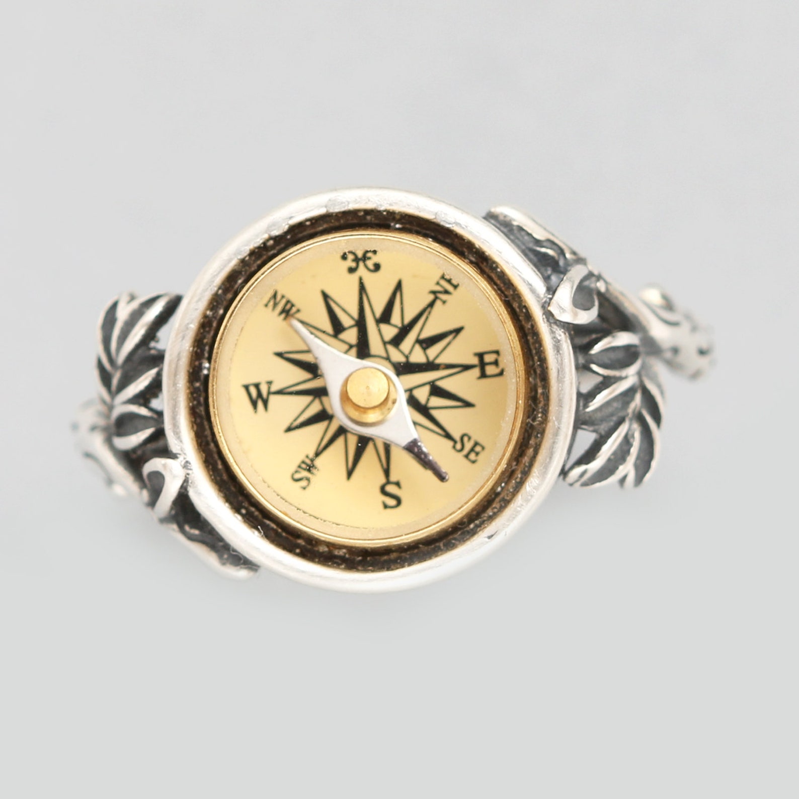 Working Compass Ring Sterling Silver, Silver Twig Ring, Compass Jewelry ...