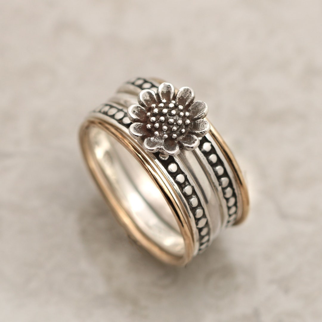 Sunflower Ring, Stackable Ring Set Sterling Silver, Sunflower Gifts for ...