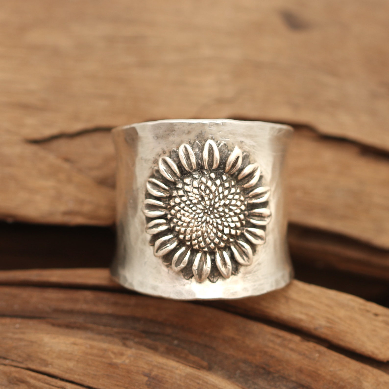 Sterling Silver Sunflower Ring Sunflower Wide Band Ring - Etsy