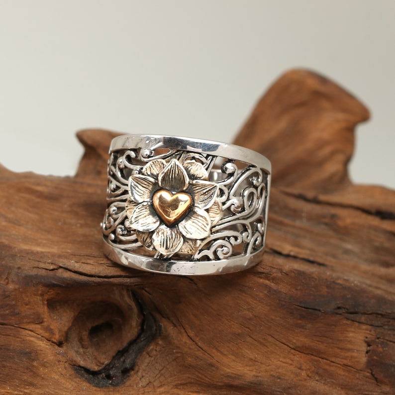 Wide Band Rings for Women, Flower Heart, Heart Flower Ring, Silver ...