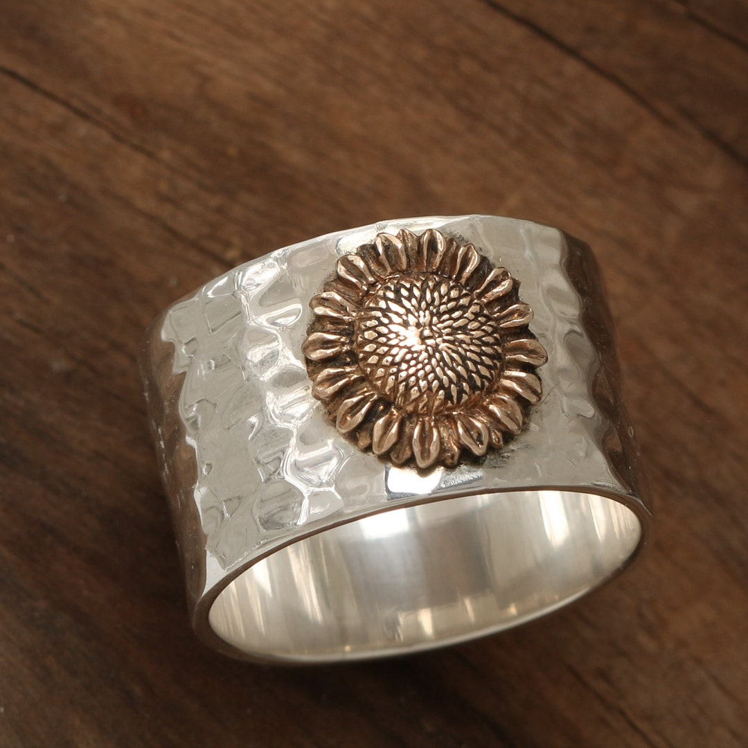 Sunflower Ring Sterling Silver, Wide Band Rings for Women, Hammered ...