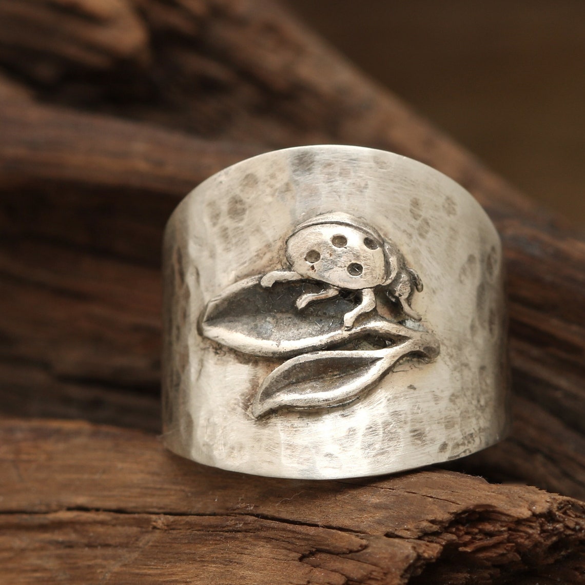 Ladybug Ring, Sterling Silver Ring, Wide Band, Hammered Ring, Thumb ...