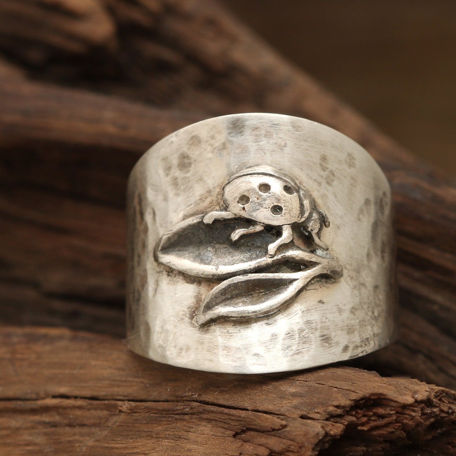 Ladybug Ring, Sterling Silver Ring, Wide Band, Hammered Ring, Thumb ...