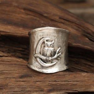 Owl Ring, Sterling Silver Bird Ring, Wide Band Thumb Ring, Owl on ...