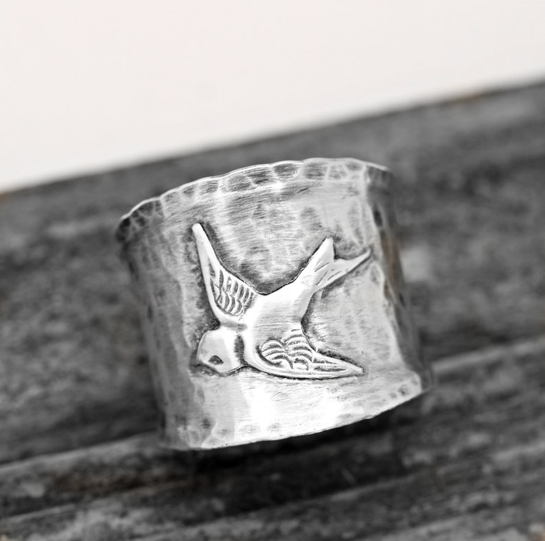 Sterling Silver Bird Ring, Wide Band, Bird Ring for Woman Unique, Thumb ...
