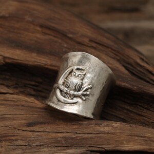 Owl Ring, Sterling Silver Bird Ring, Wide Band Thumb Ring, Owl on ...
