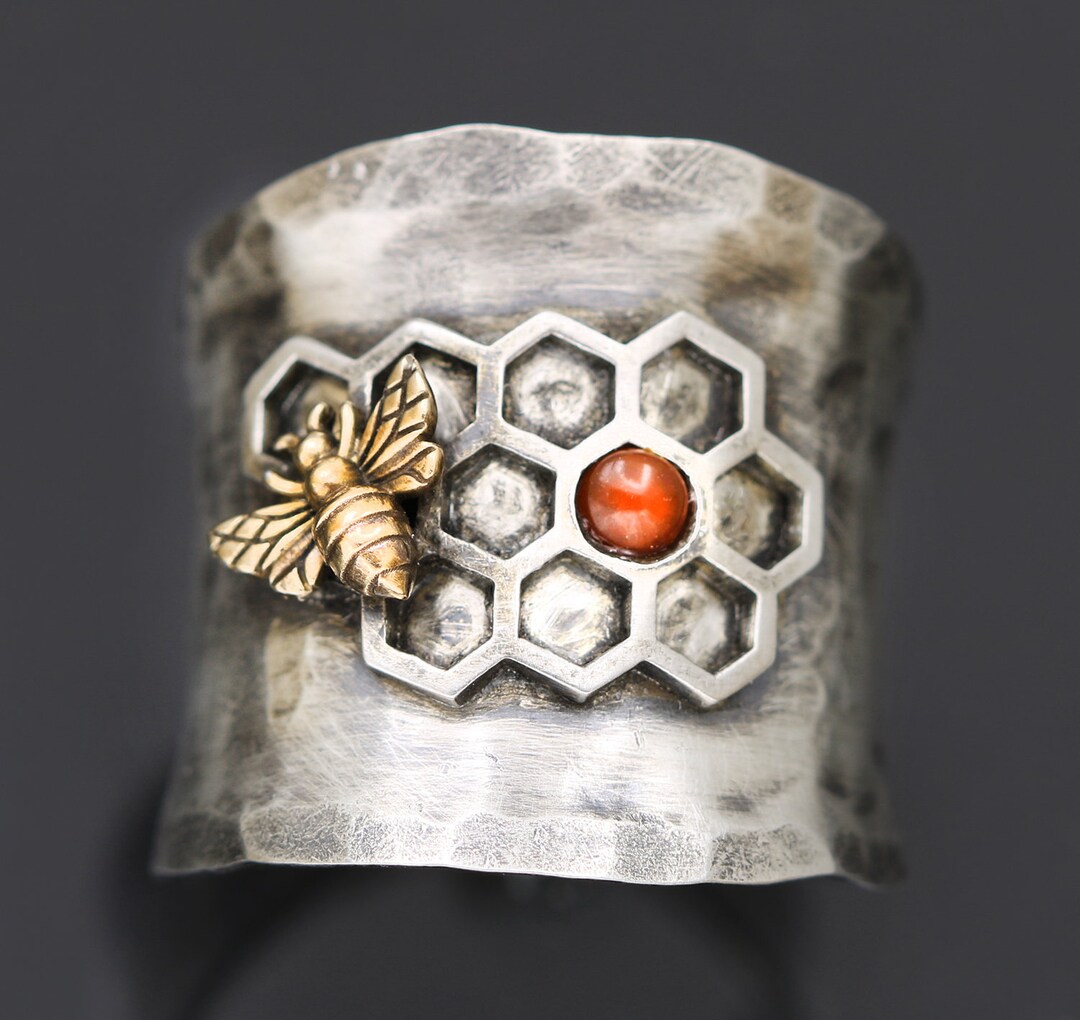 Bee Ring, Hammered Silver Ring, Bee Gifts for Women, Wide Band Ring ...