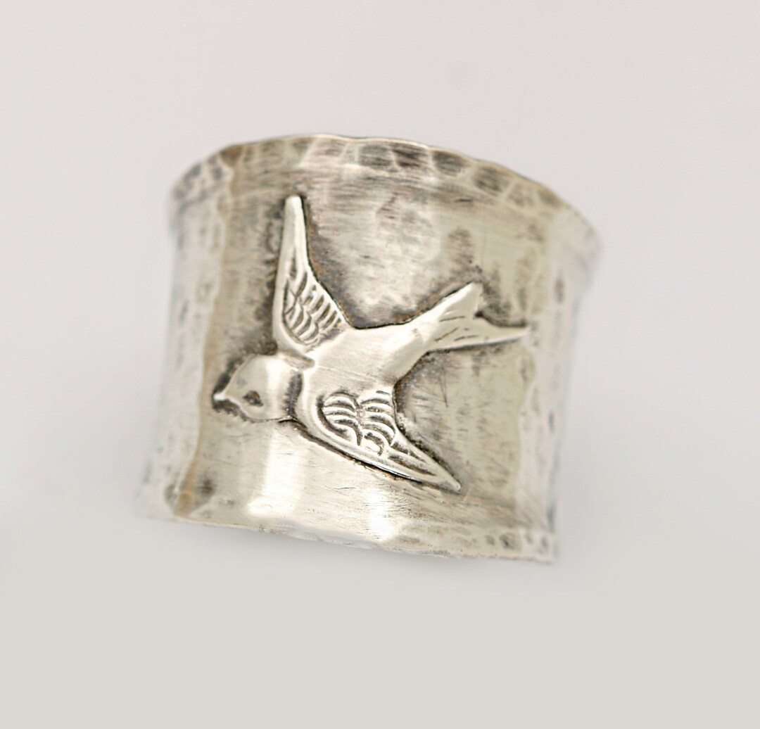 Sterling Silver Bird Ring, Wide Band, Bird Ring for Woman Unique, Thumb ...