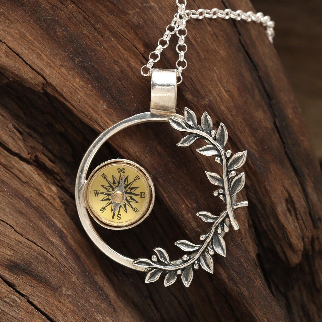 Compass Necklace Silver, Laurel Leaf Necklace, Circle Pendant Sterling ...