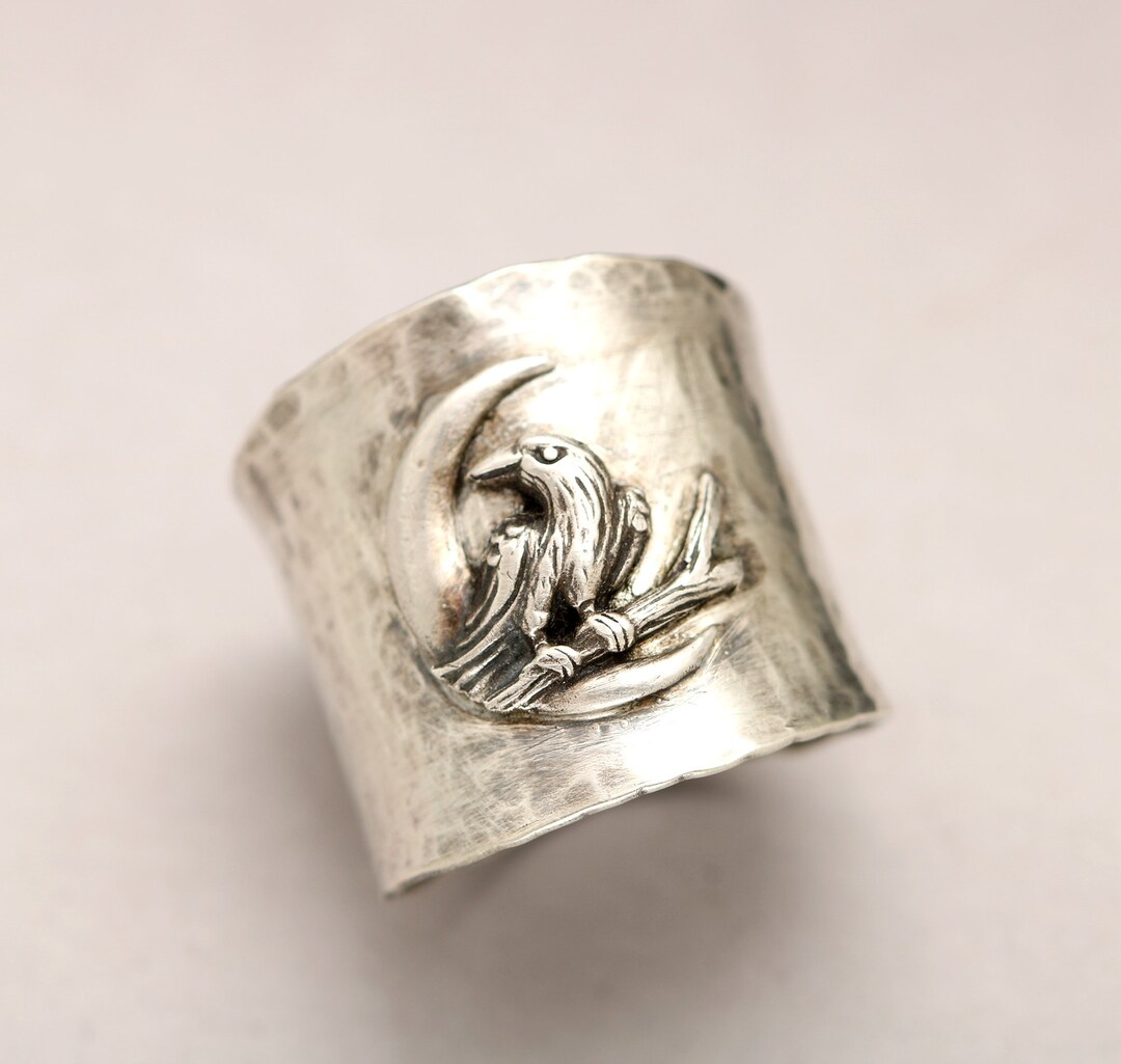 Raven Ring Men Sterling Silver Bird Ring Wide Band Thumb - Etsy