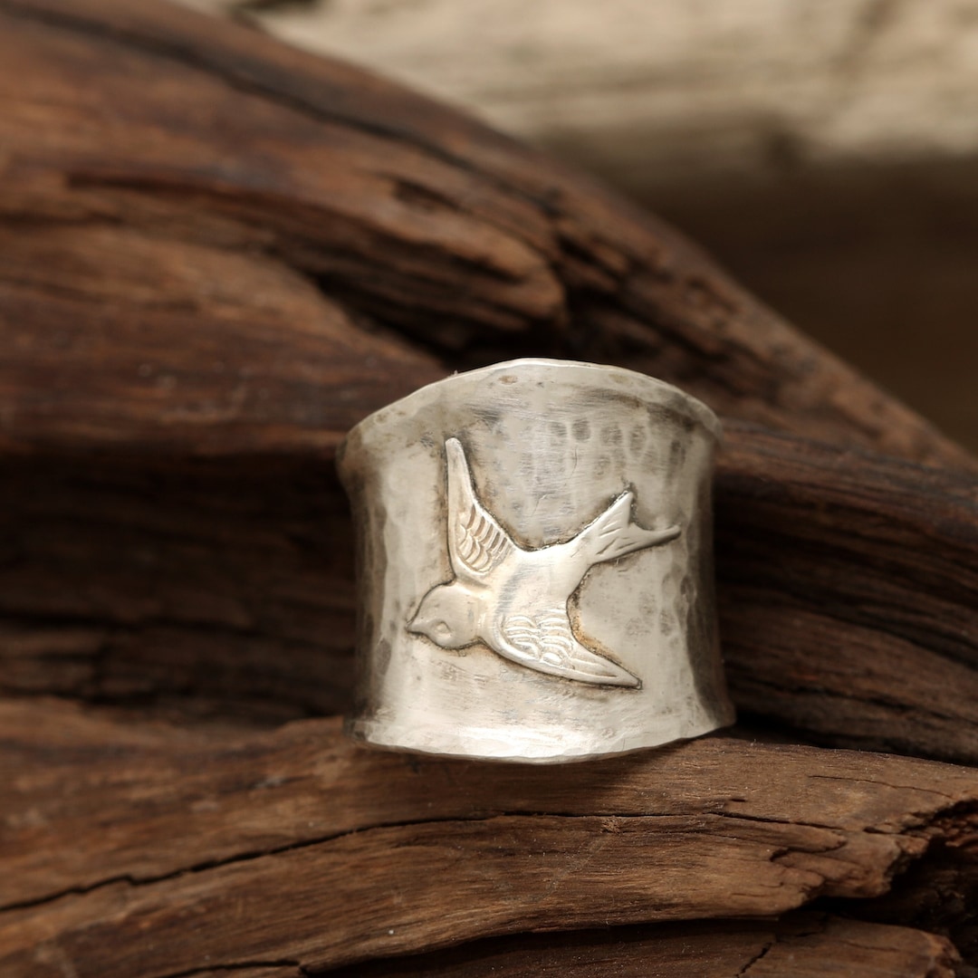 Sterling Silver Bird Ring, Wide Band, Bird Ring for Woman Unique, Thumb ...