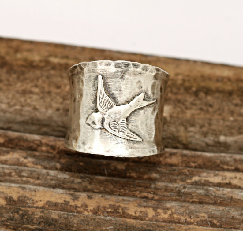 Sterling Silver Bird Ring, Wide Band, Bird Ring for Woman Unique, Thumb ...