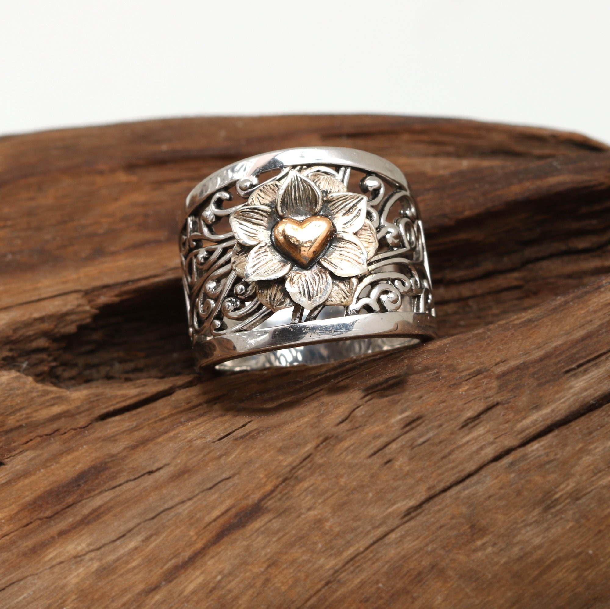 Wide Band Rings for Women, Flower Heart, Heart Flower Ring, Silver ...
