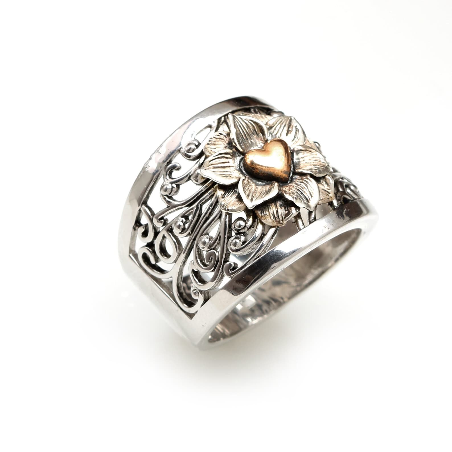 Wide Band Rings for Women, Flower Heart, Heart Flower Ring, Silver ...