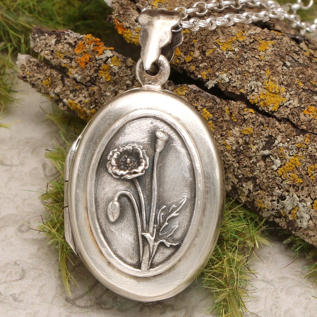 Silver Locket Necklace, Birth Flower Locket, August Birth Flower, Poppy ...