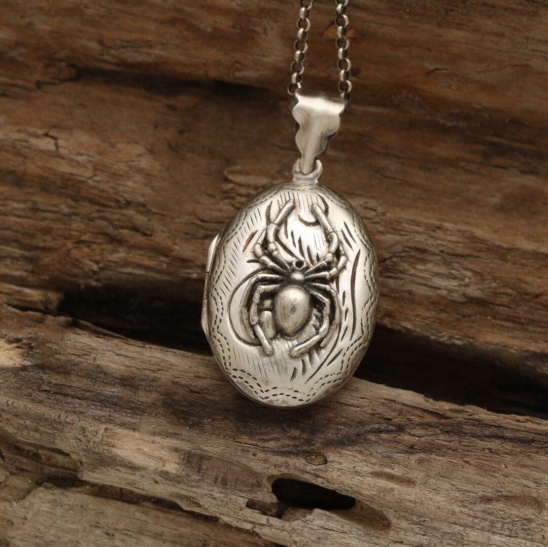 Sterling Silver Photo Locket, Spider Necklace, Working Compass, Spider ...