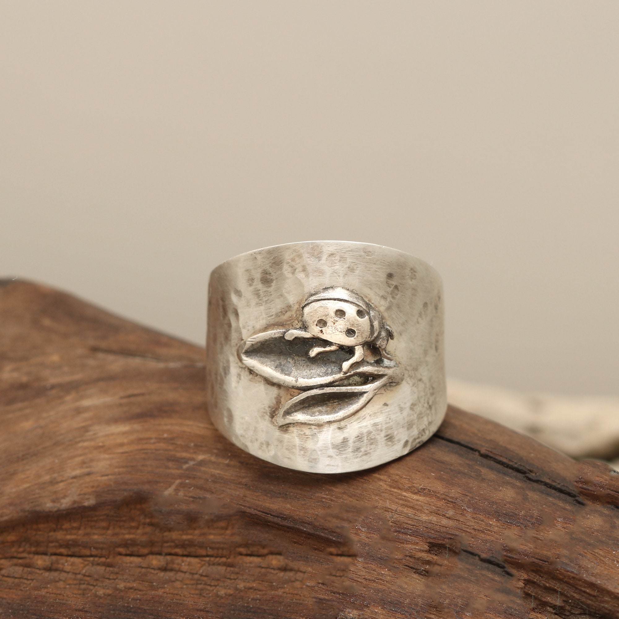 Ladybug Ring, Sterling Silver Ring, Wide Band, Hammered Ring, Thumb ...