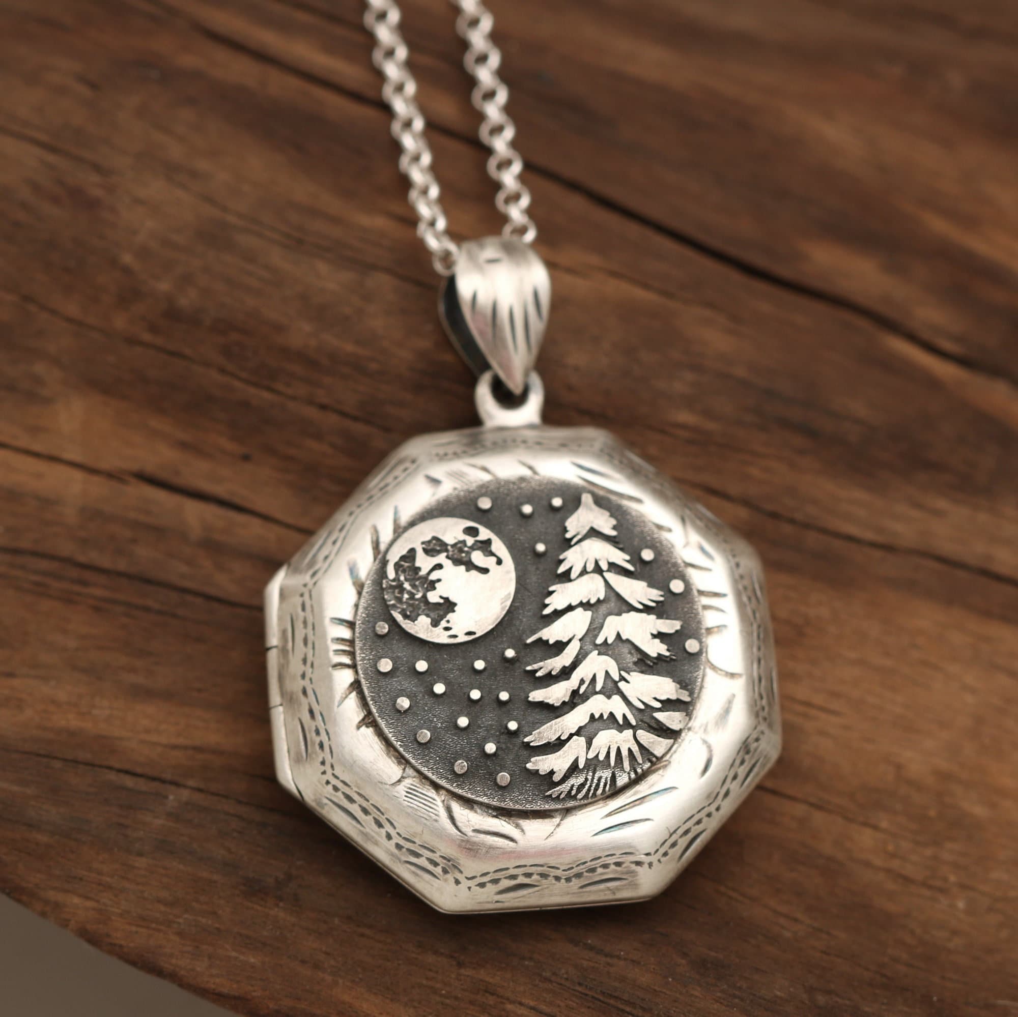 Sterling Silver Photo Locket Necklace, Sterling Silver Pine Tree, Moon ...