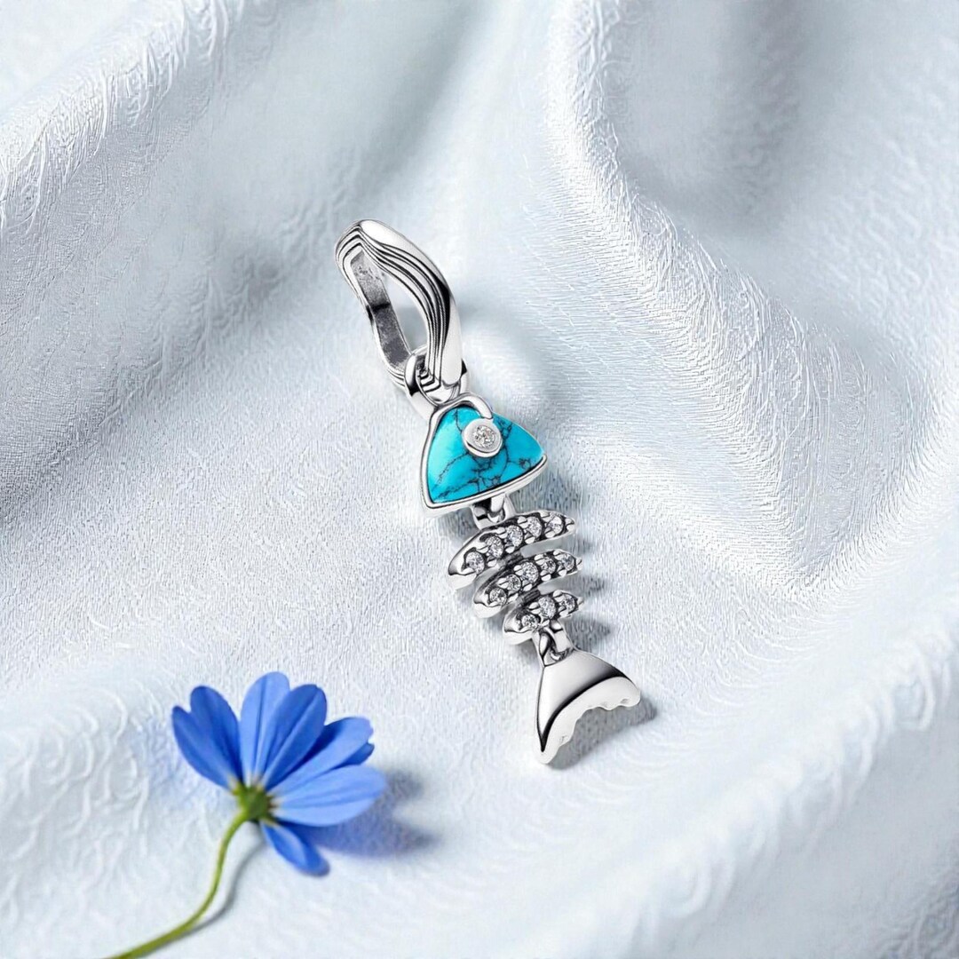 Turquoise Fishbone Dangle Charm in Sterling Silver, Unique Blue Stone ...