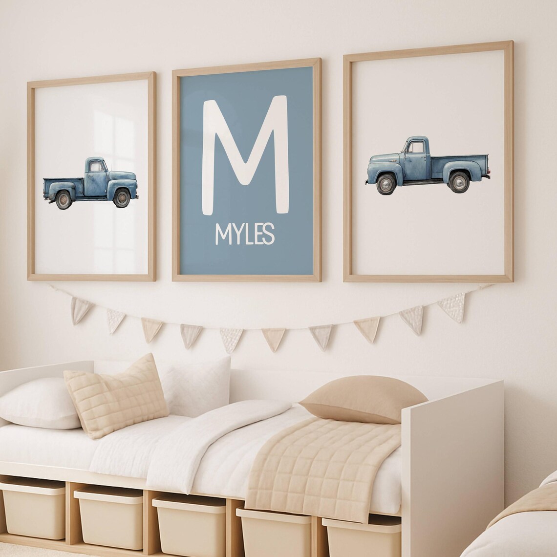 Set of 3 Nursery Prints, Soft Blue Vintage Truck Wall Art, Personalized ...