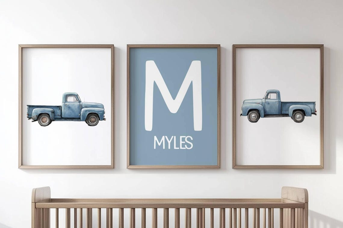Set of 3 Nursery Prints, Soft Blue Vintage Truck Wall Art, Personalized ...