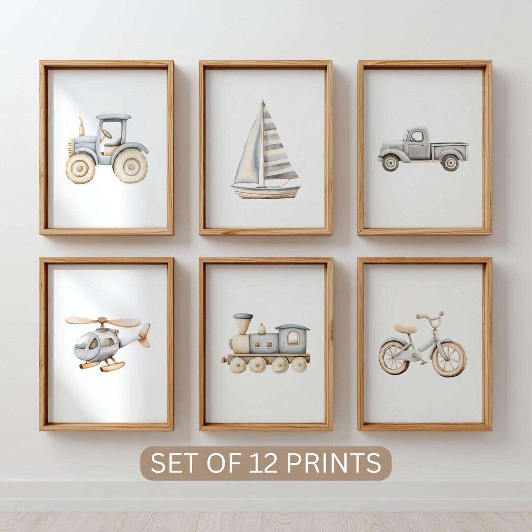 Neutral Vehicle Nursery Wall Art Set of 12, Grey Beige Transportation ...