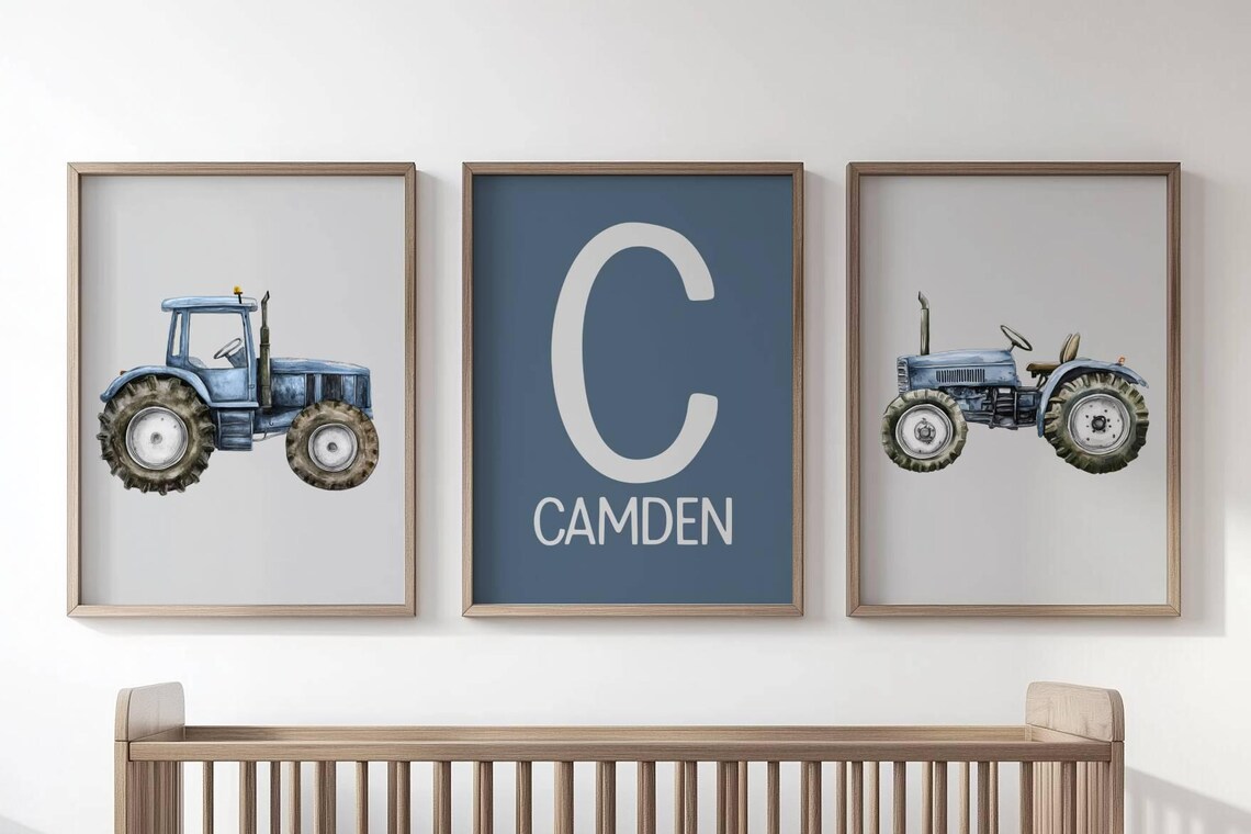 Set of 3 Vintage Tractor Nursery Prints, Personalized Name & Initial ...
