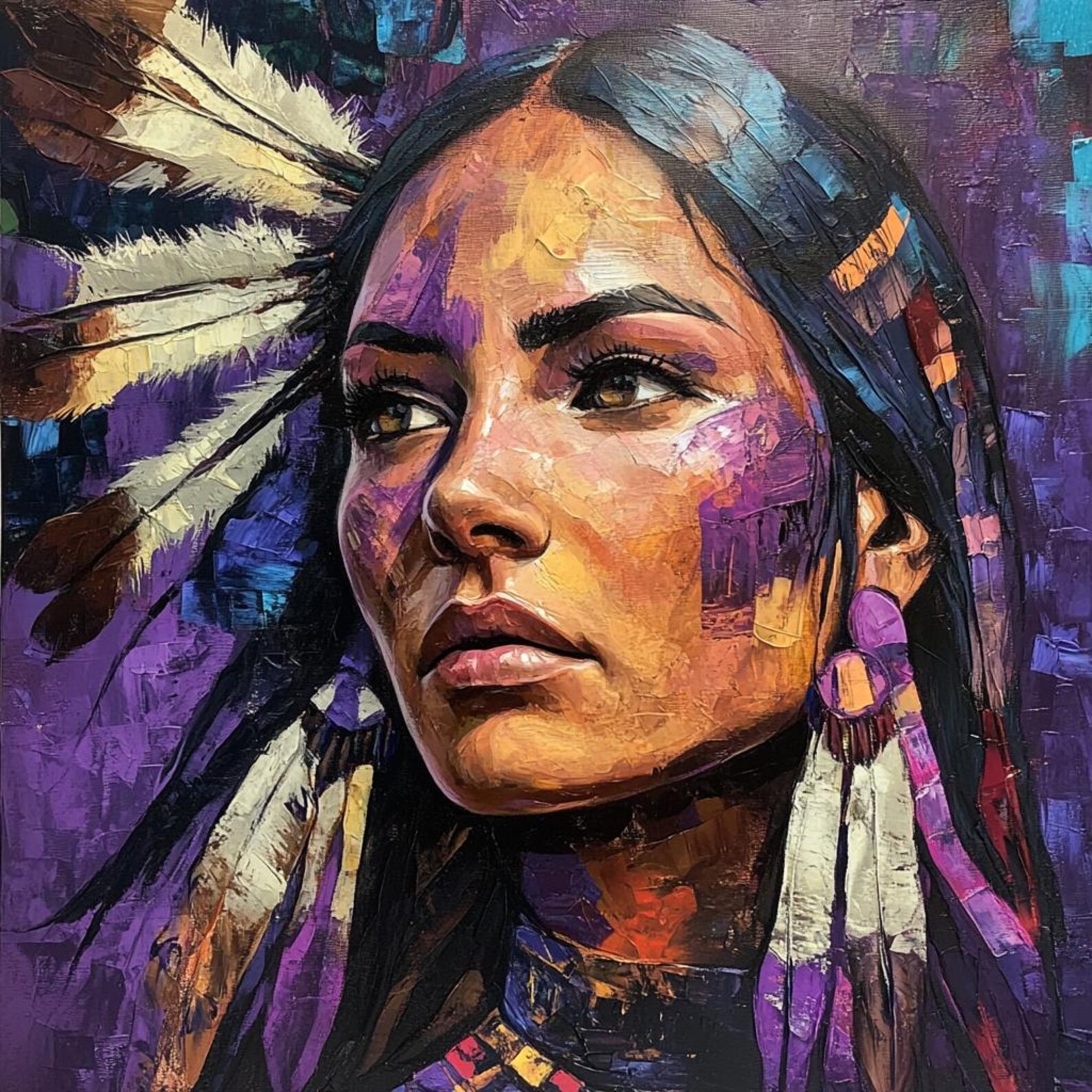 2x Native American Woman Portrait, Colorful Painting, Indigenous Art ...